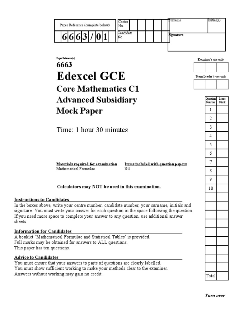 Edexcel GCE Core Mathematics C1 Advanced Subsidiary Mock Paper ...