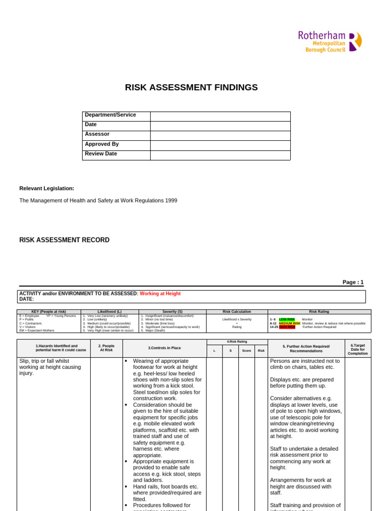 Rotherham Council Working at Height Risk Assessment | PDF | Risk ...