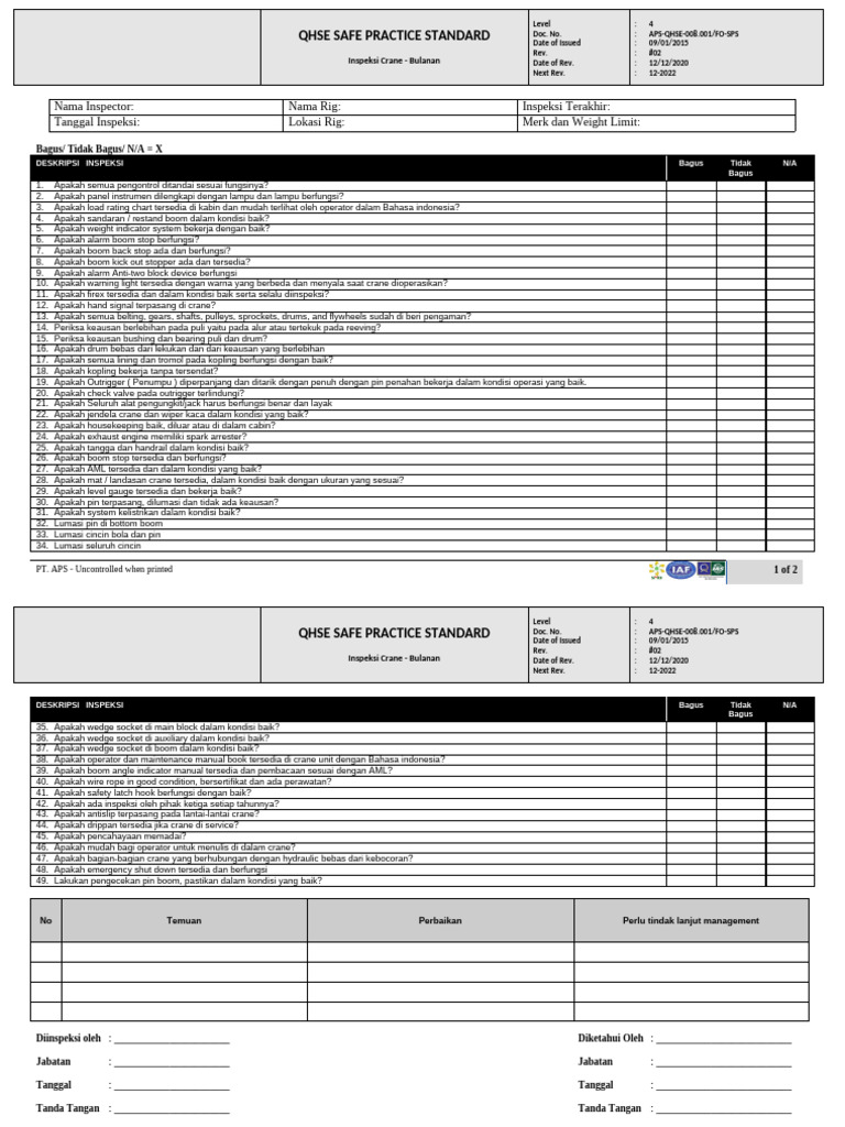 008.001.FO-SPS - Inspeksi Crane - Rev2 | PDF