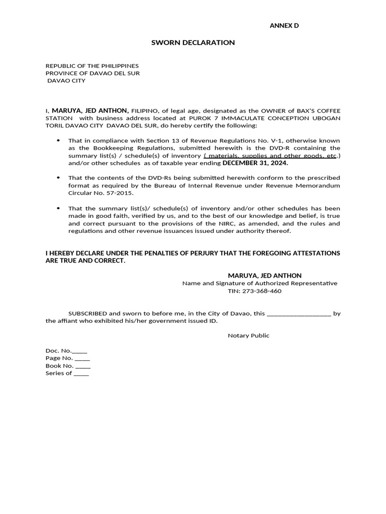 Annex D Sworn Bir | PDF