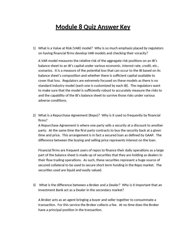 Module 8 Quiz Answer Key (1) | PDF | Repurchase Agreement | Arbitrage