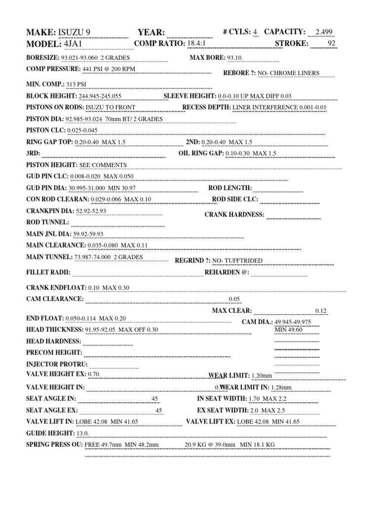 Isuzu 4JA1 Engine Specifications Guide | PDF | Piston | Mechanical ...