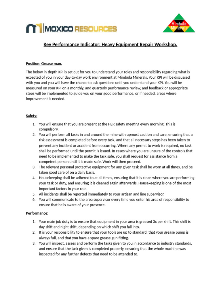 Key Performance Indicator, Grease Man. MML | PDF | Performance ...