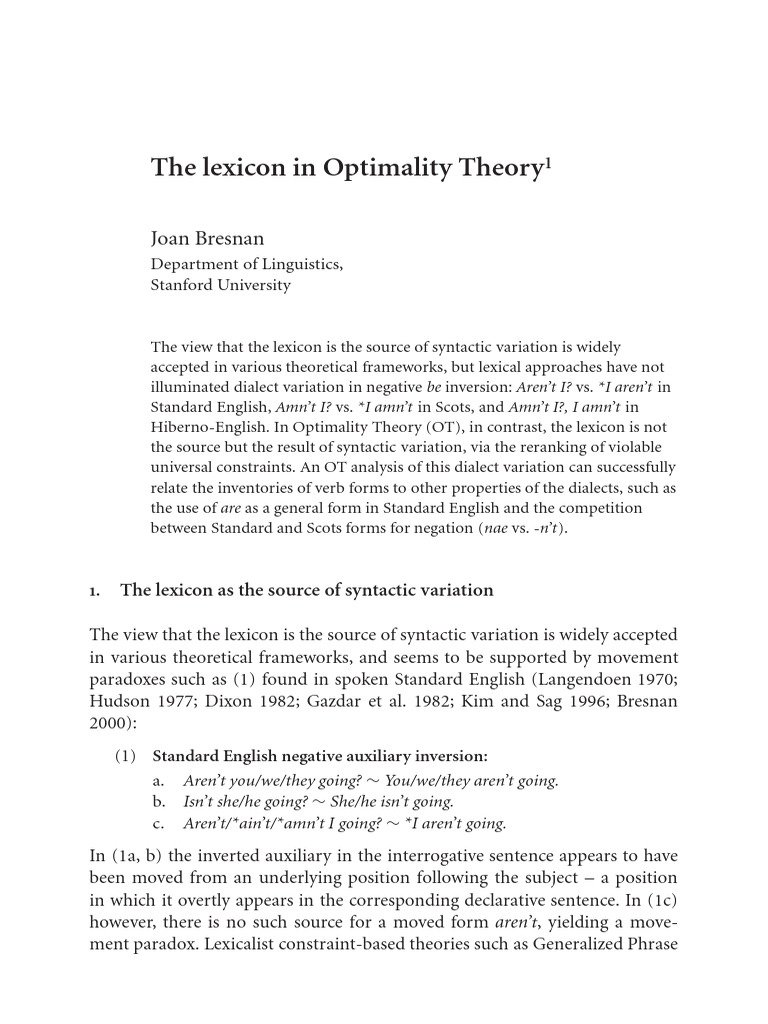Lexical Basis of Sentence Processing Formal, Compu... - (The Lexicon in Optimality Theory) | PDF ...