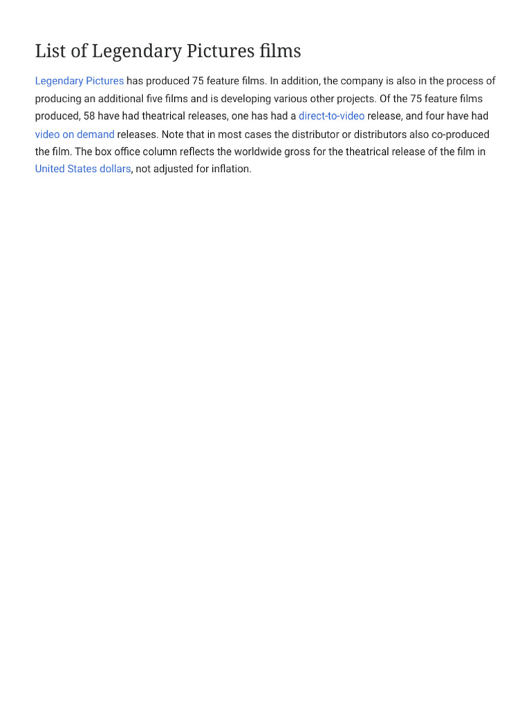List of Legendary Pictures Films - Wikipedia | PDF | Warner Bros.