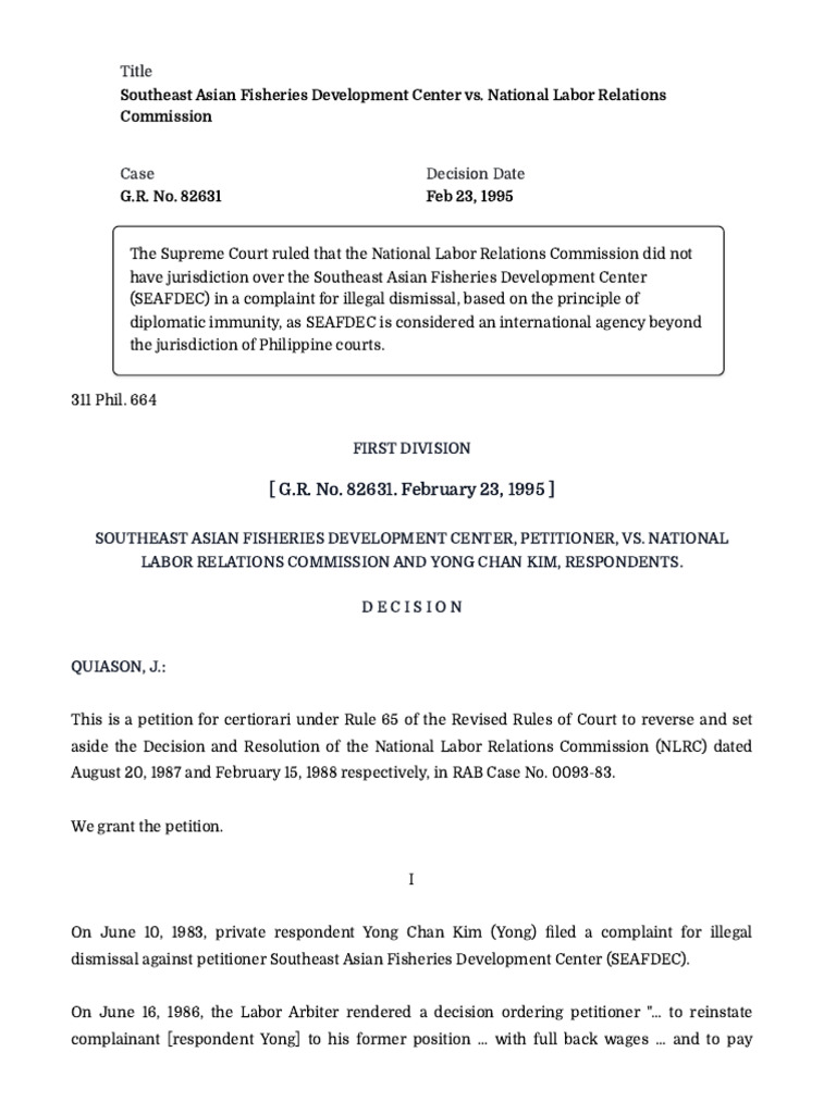 G.R. No. 82631 - Southeast Asian Fisheries Development Center vs. National Labor Relations ...