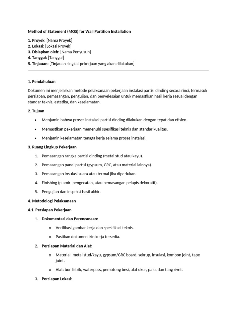 Method of Statement (MOS) For Wall Partition Installation | PDF