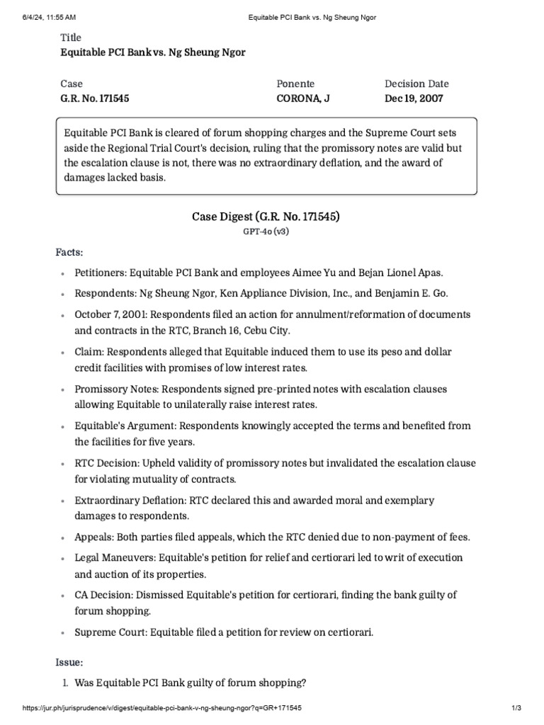 Equitable PCI Bank vs. NG Sheung Ngor | PDF | Certiorari | Equity (Law)