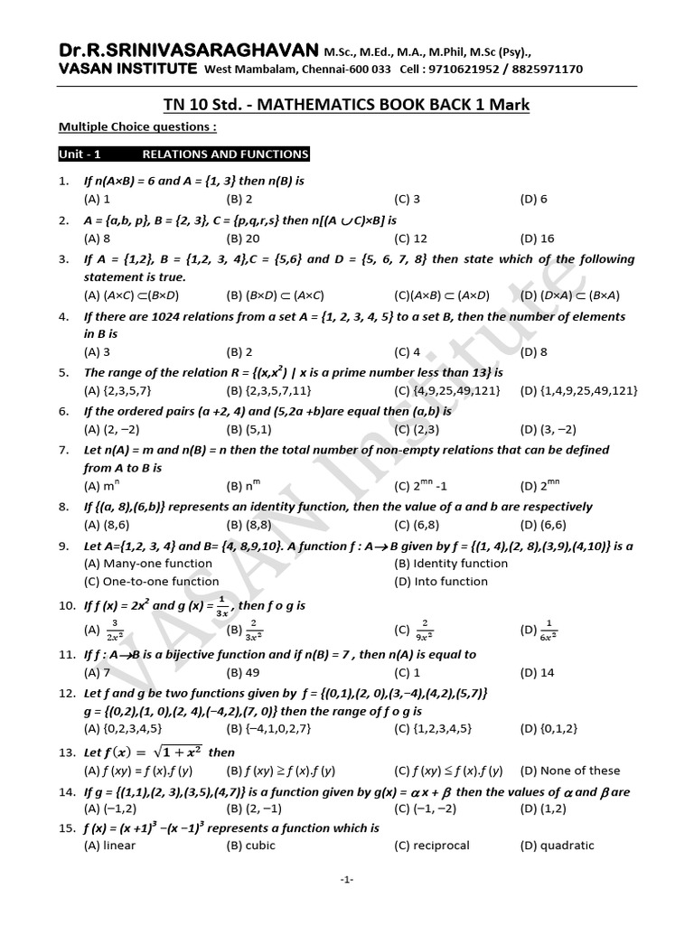 10th Maths Book Back 1 Mark Questions With Answer Key English Medium ...