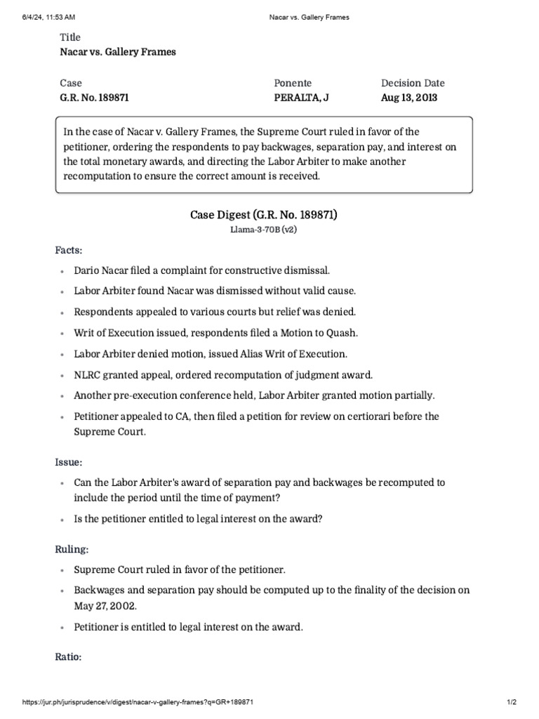 Nacar v. Gallery Frames Case Summary | PDF | Supreme Court Of The ...