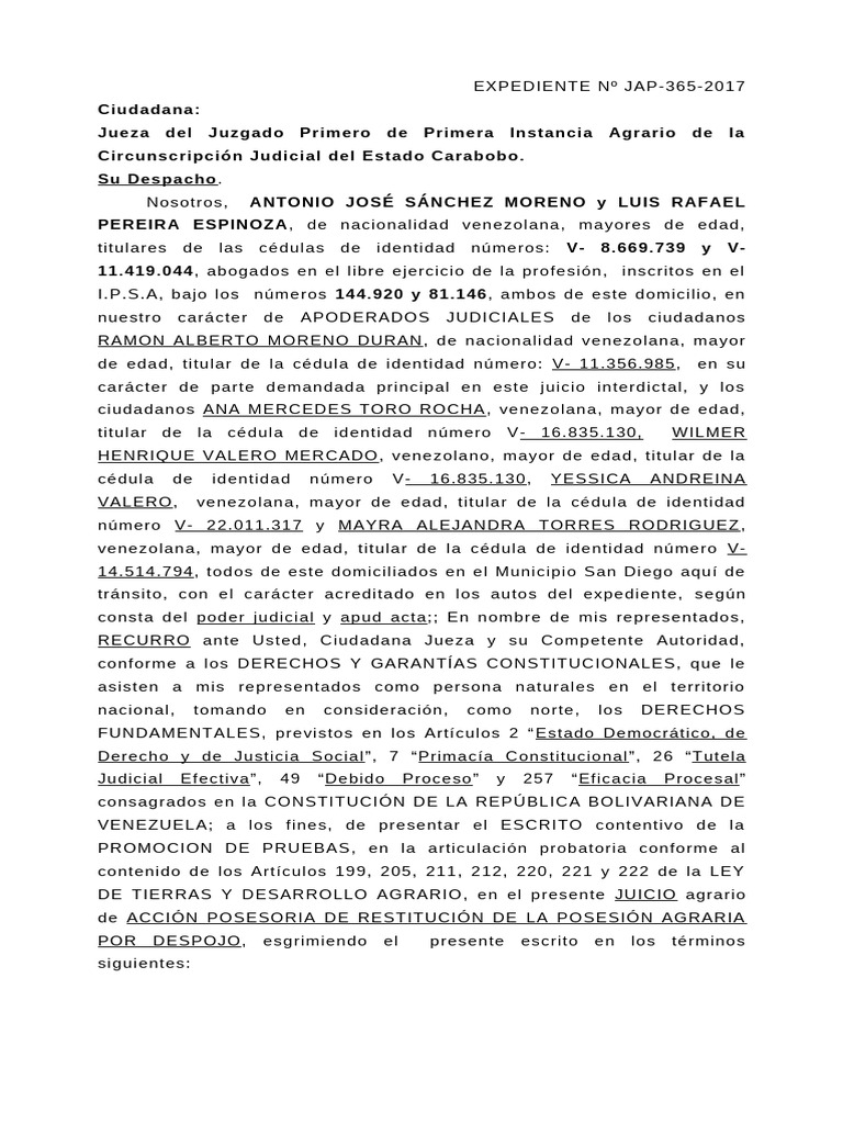 Escrito de Promocion de Prueba Agrario Caso Ramon Moreno | PDF | Documento de identidad | Propiedad