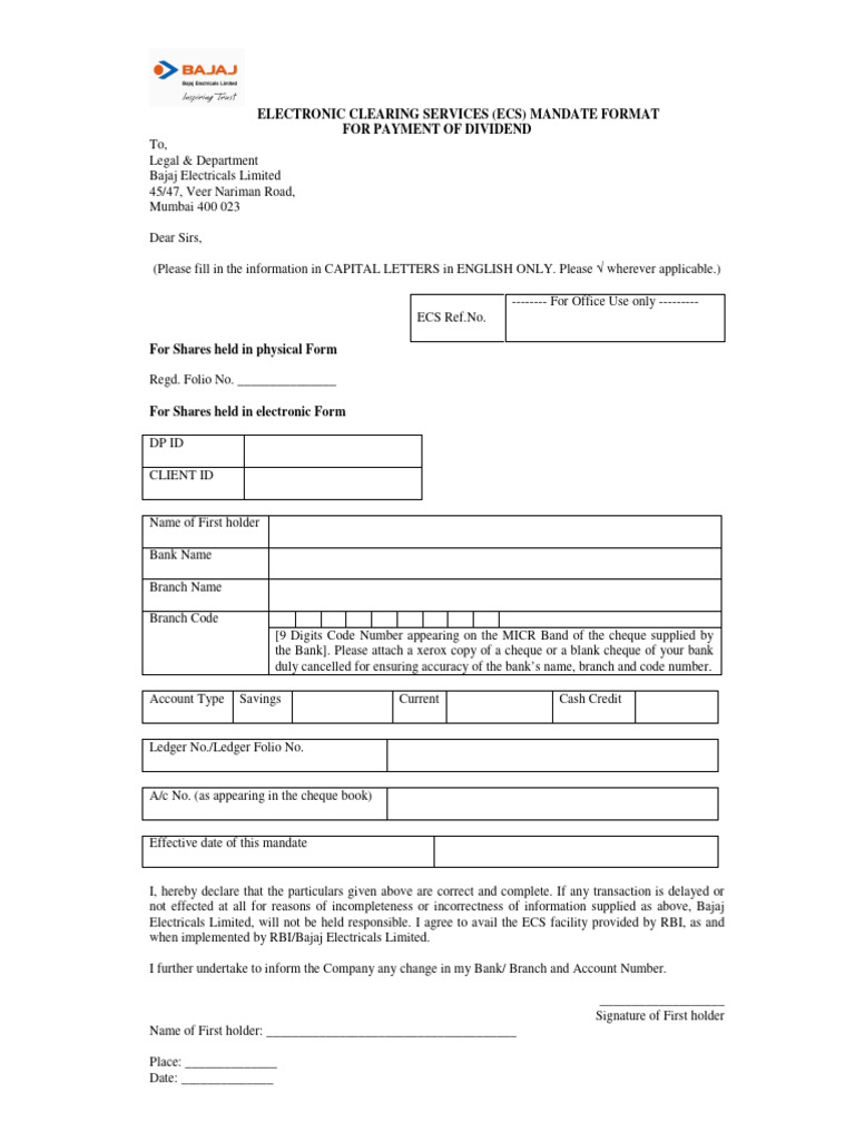 Ecs Mandate Form | PDF