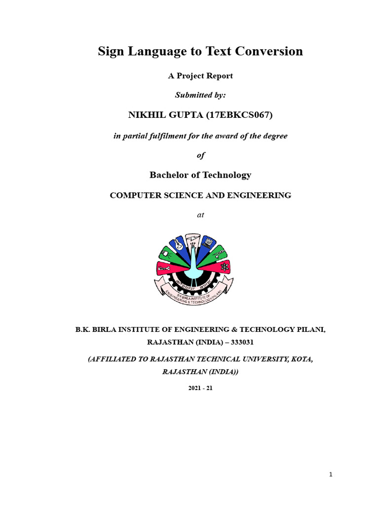 Bachelor's-Project Report - (Sign Language To Text Conversion) | PDF ...