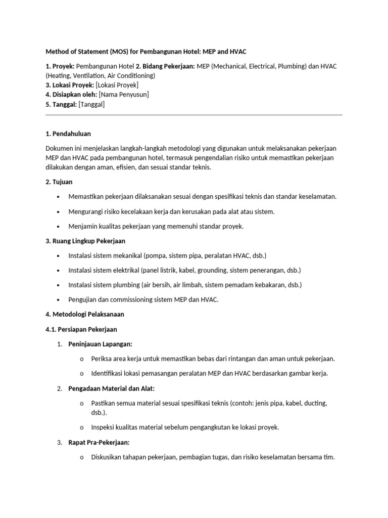 Method of Statement (MOS) For Pembangunan Hotel MEP and HVAC | PDF