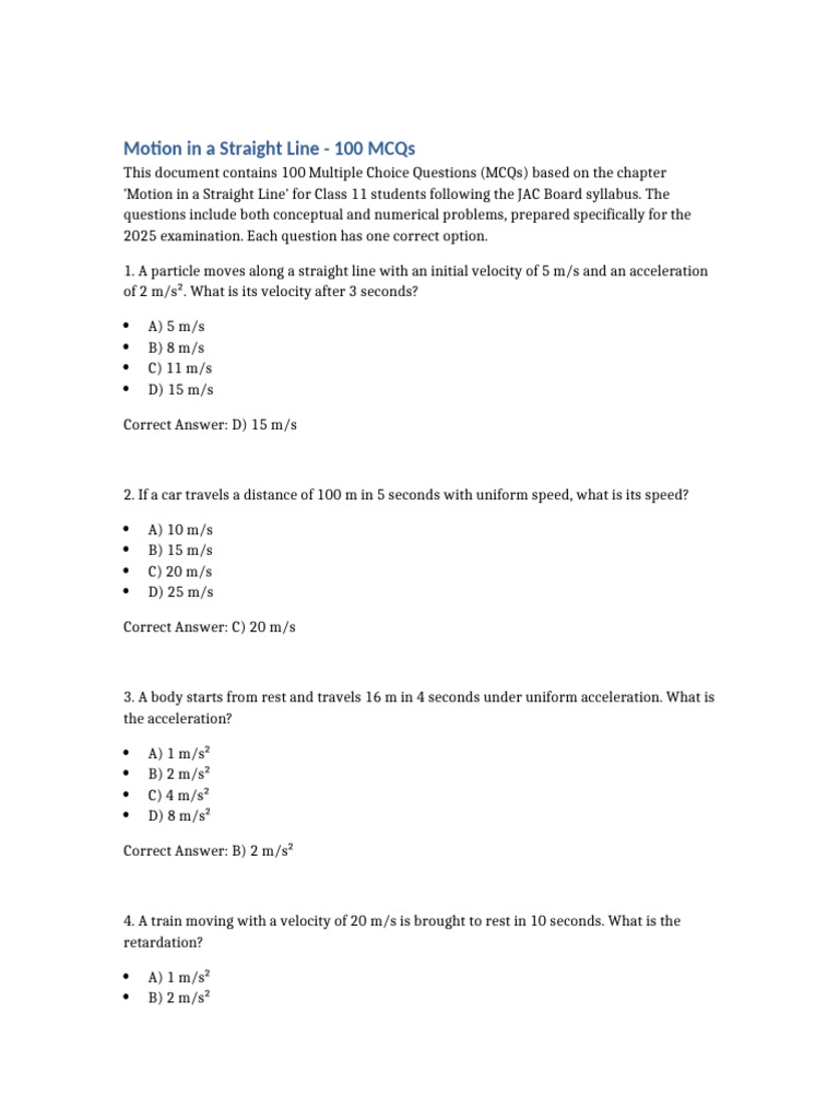 Class 11 Motion MCQs for JAC Board | PDF