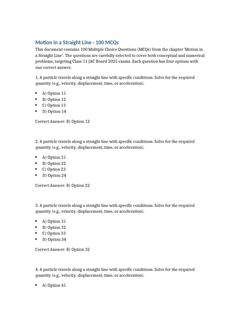 100 MCQs on Motion in a Straight Line | PDF | Acceleration | Velocity