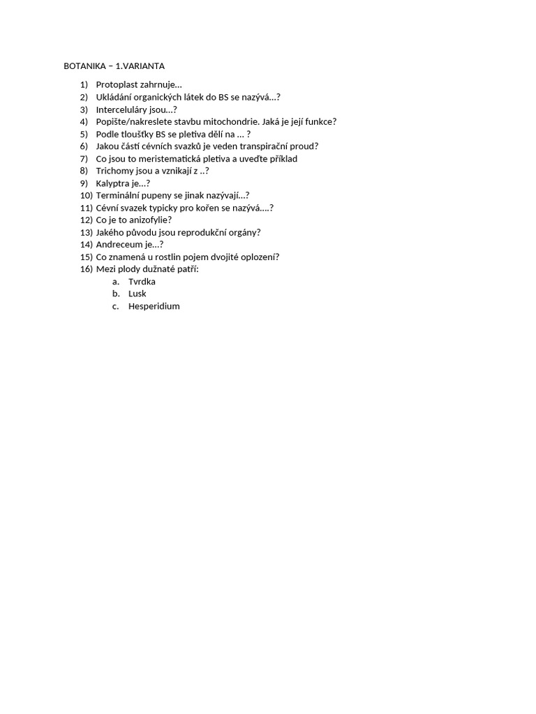 Otazky Ze Zkousky Botanika Obecna | PDF
