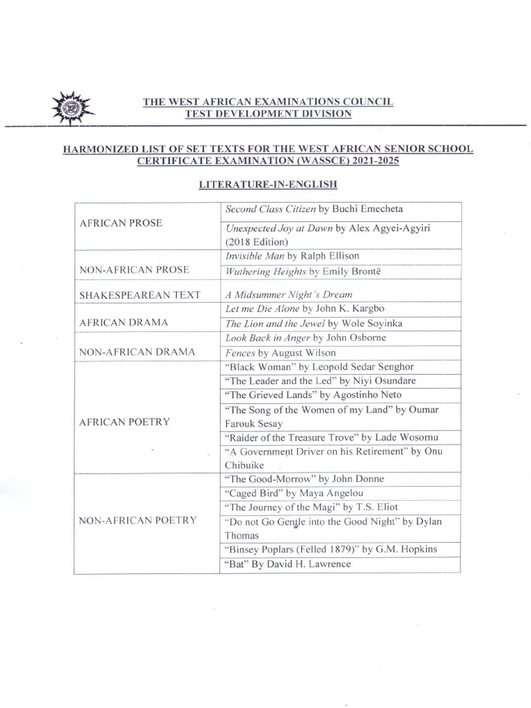 WAEC - Literature - List - of - Text - 2021 - 2025 | PDF