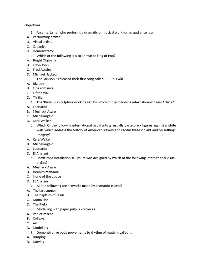 Performing Arts and Visual Arts Quiz | PDF | The Arts