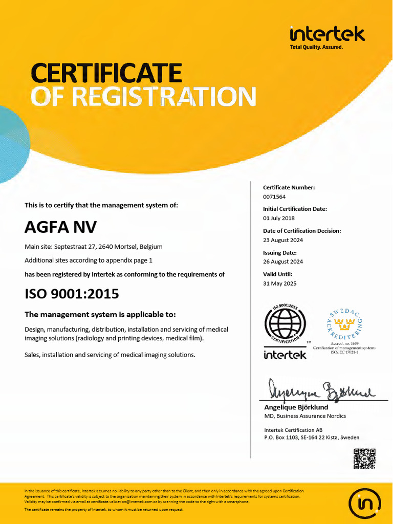 ISO 9001:2015 Certification for AGFA NV | PDF