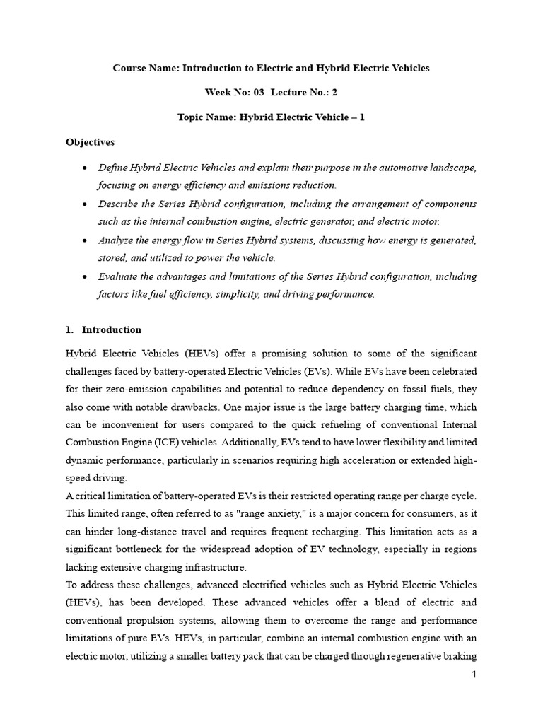 W3 L2 Hybrid Electric Vehicle-I | PDF | Hybrid Vehicle | Electric Vehicle