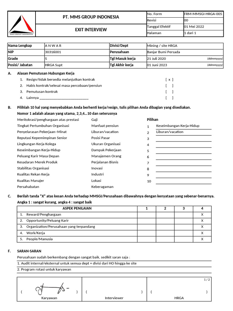Contoh Form Exit Interview MMSGI | PDF