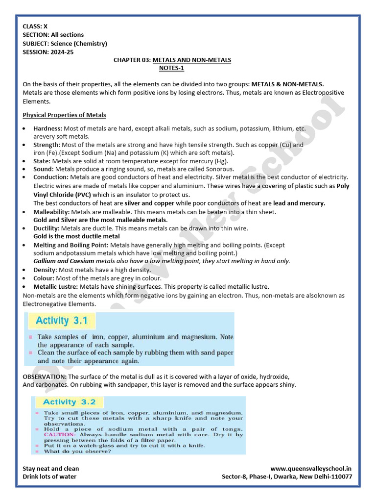 X - Science - Chemistry - Ch03 - Metals and Non-Metals - Notes | PDF ...