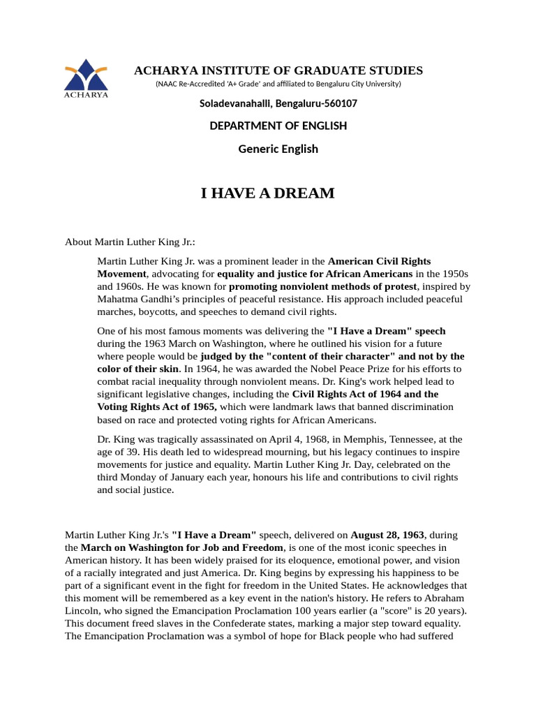I Have a Dream Speech Overview | PDF | Martin Luther King Jr ...