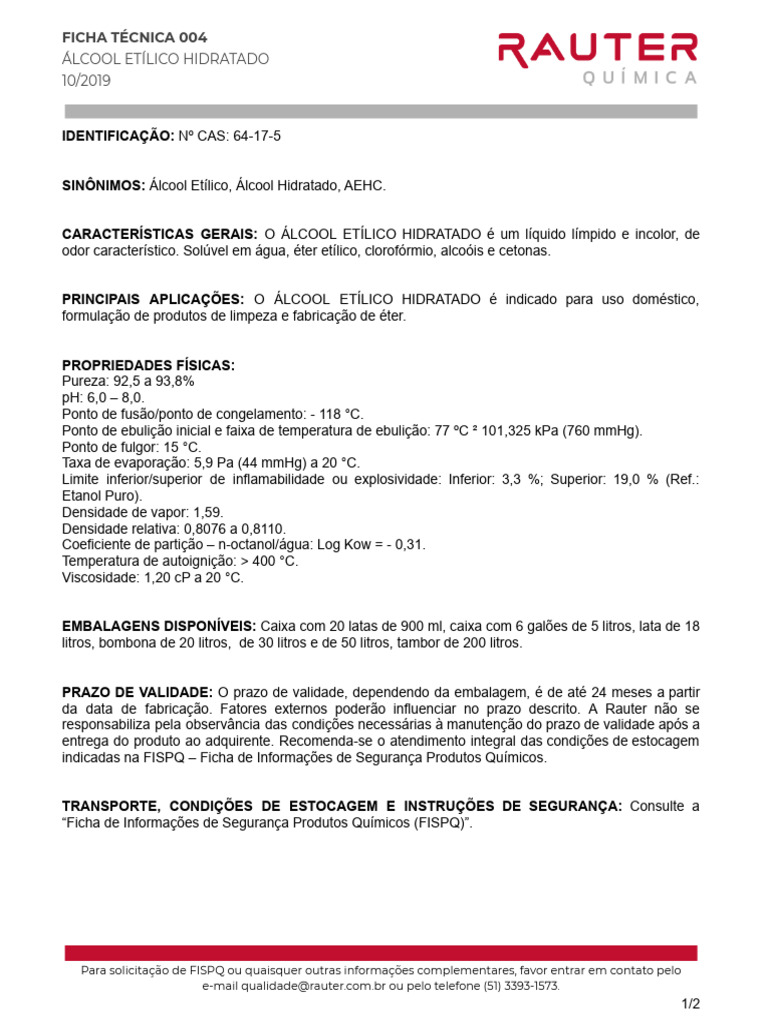 Ficha Técnica do Álcool Etílico Hidratado | PDF