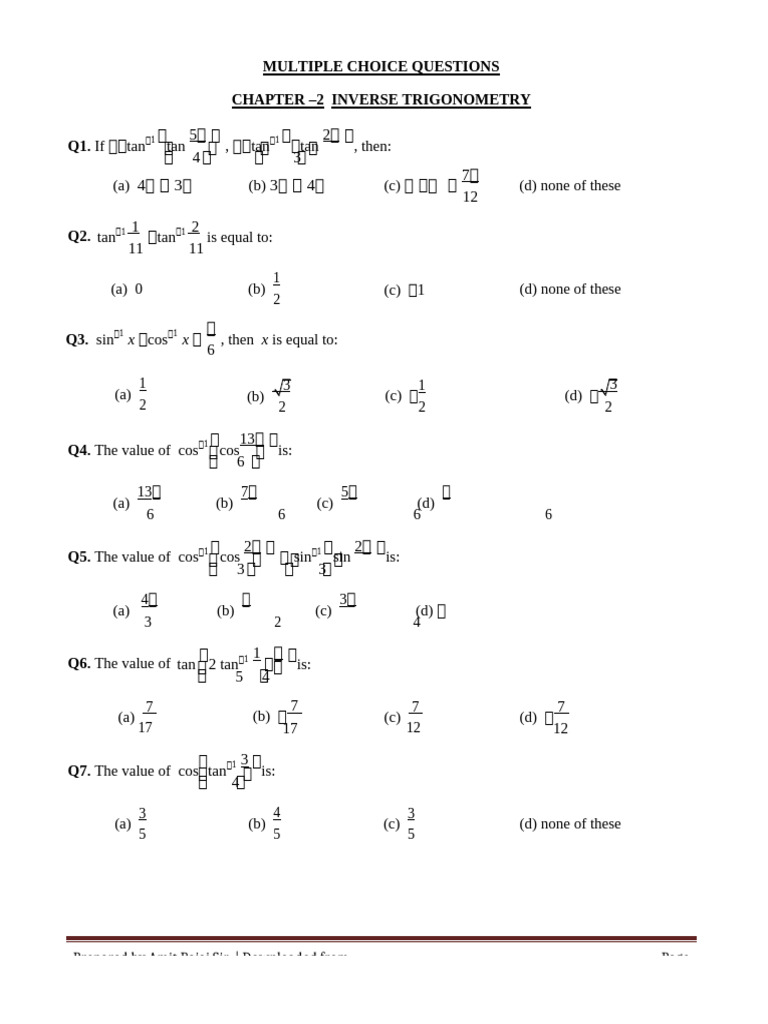 CH 2 Inverse Trigo Multiple Choice Questions With Answers | PDF ...