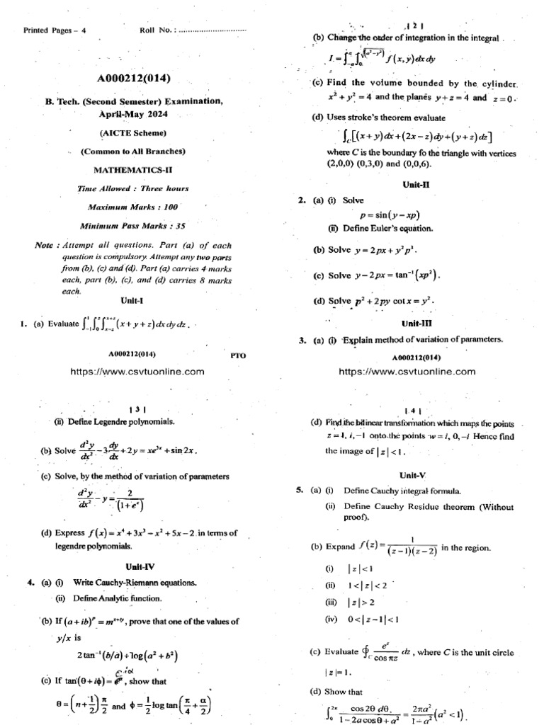 Btech 2 Sem Mathematics 2 A000212 May 2024 | PDF