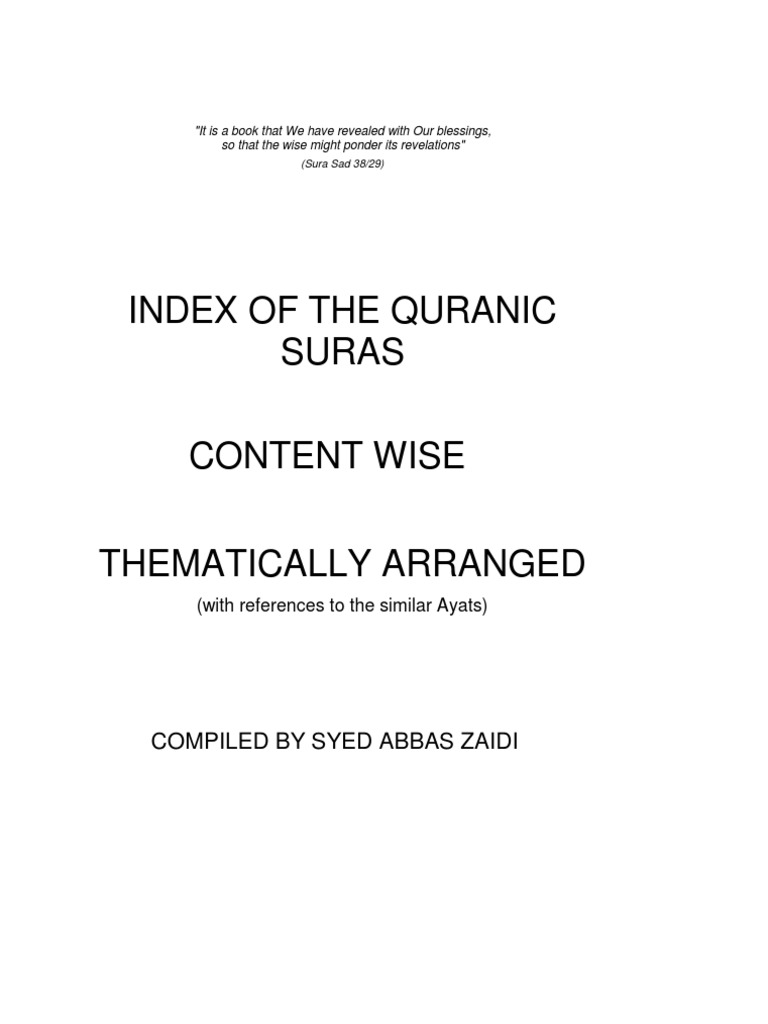 Index of The Quranic Suras Content Wise Thematically Arranged | PDF ...