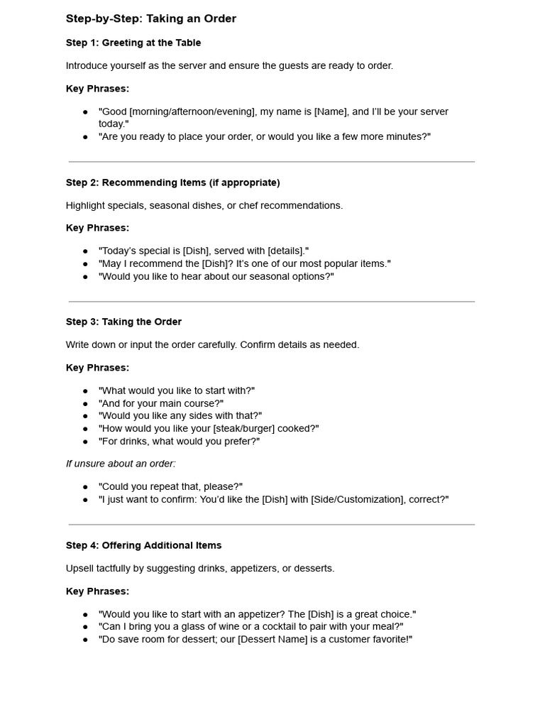 Order Taking Procedure for Waitstaff | PDF