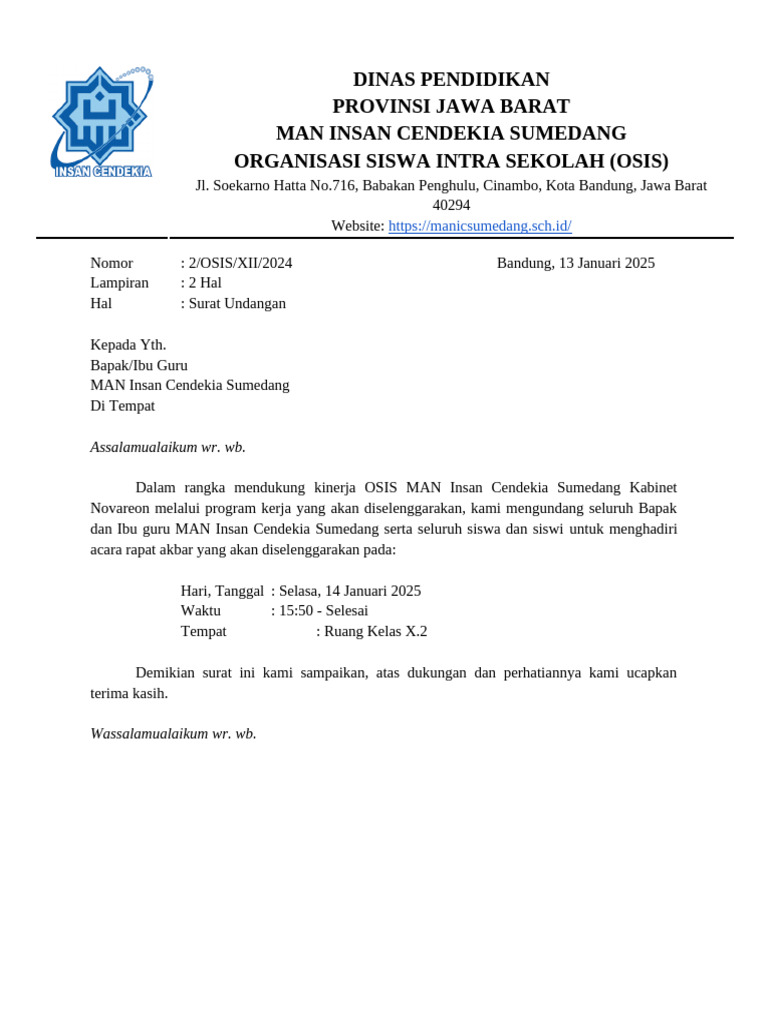 Undangan Rapat Akbar OSIS MAN IC Sumedang | PDF