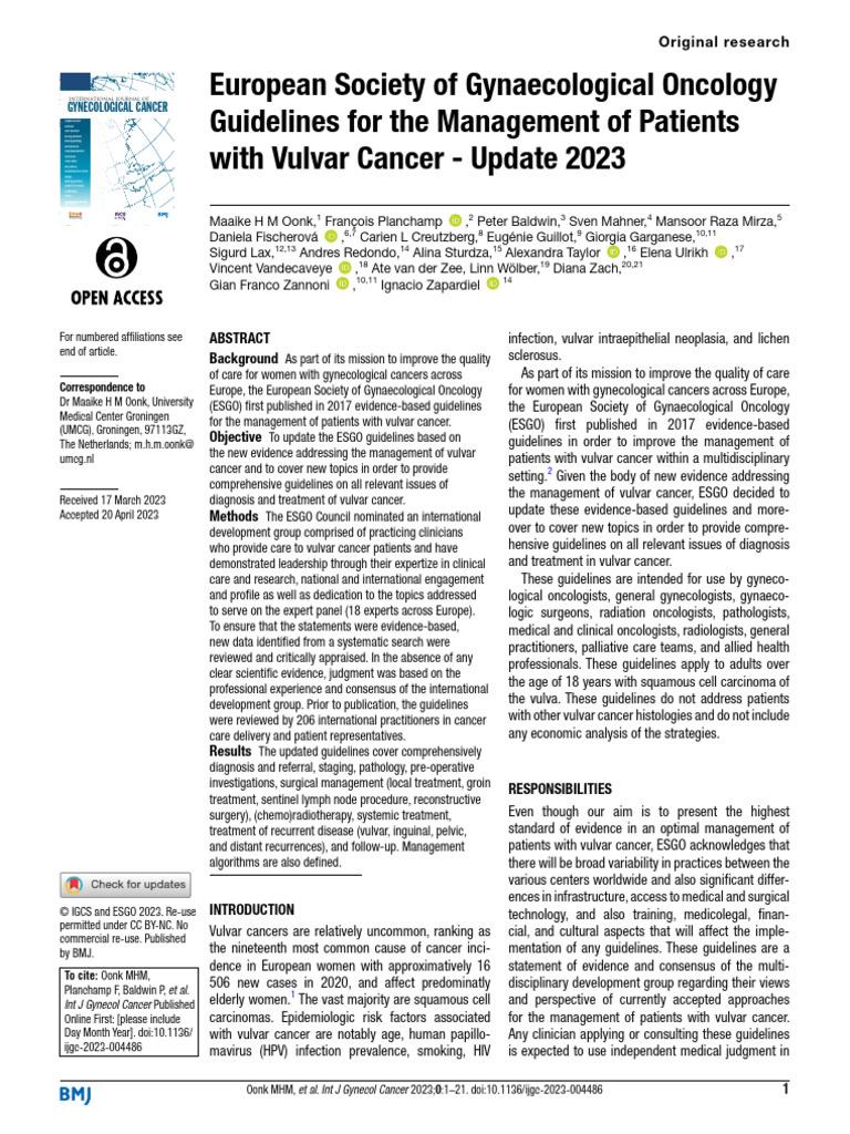European Society of Gynaecological Oncology Guidelines For The Management of Patients With ...