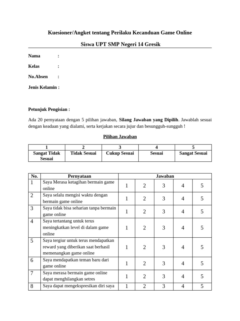 Angket BK Adiksi Game O | PDF
