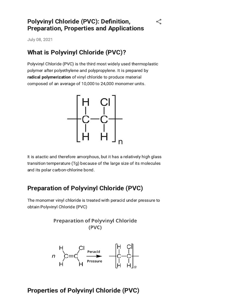 Polyvinyl Chloride (PVC) - Definition, Preparation, Properties and Applications | PDF