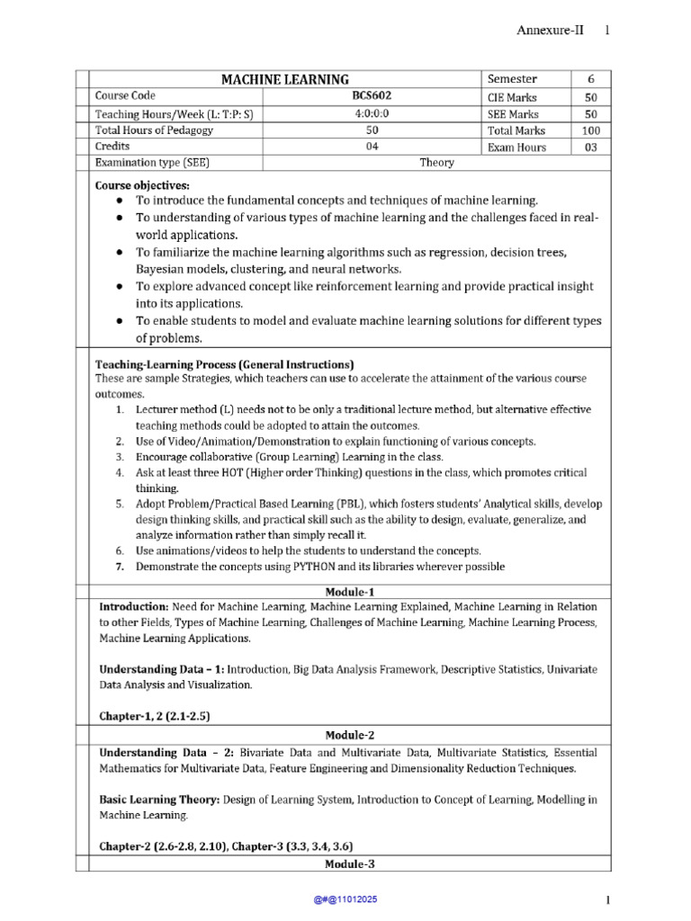 BCS602 Machine Learning Syllabus | PDF