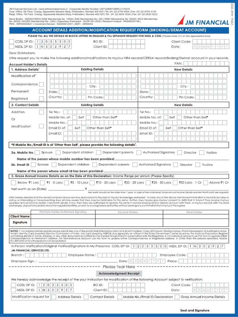 Account Details Addition, Modification Request Form Broking & Demat Acc ...