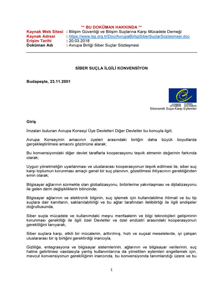 2001-Avrupa Birliği Siber Suçlar Sözleşmesi-TR | PDF