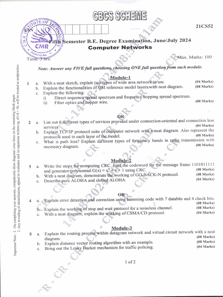 VTU Question Paper of 21CS52 Computer Networks Jun-July-2024 | PDF