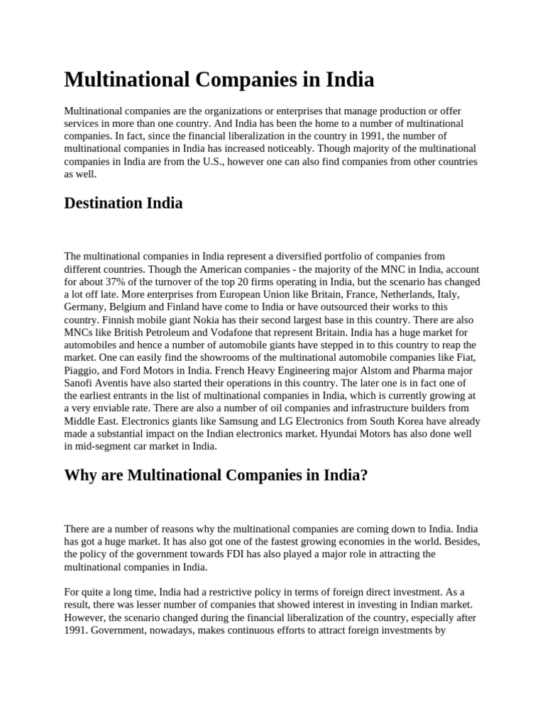 Multinational Companies in India | PDF | Foreign Direct Investment ...