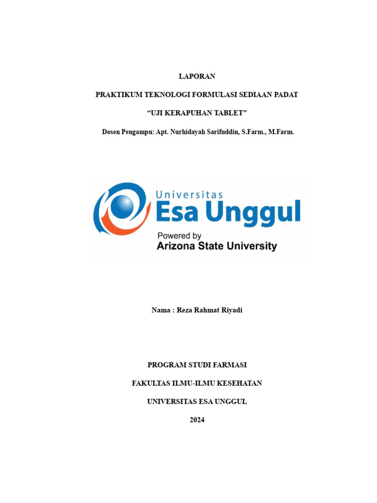 Laporan Uji Kerapuhan Tablet Reza Rahmat Riyadi | PDF