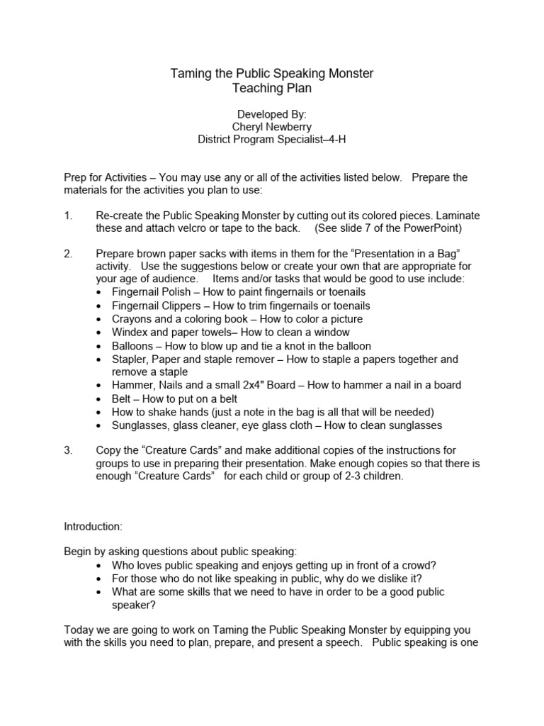 Public Speaking Monster Teaching Plan | PDF | Nail (Anatomy) | Public ...