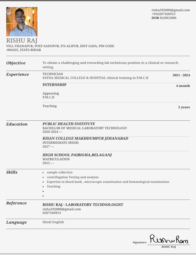 Lab Technician Resume of Rishu Raj | PDF