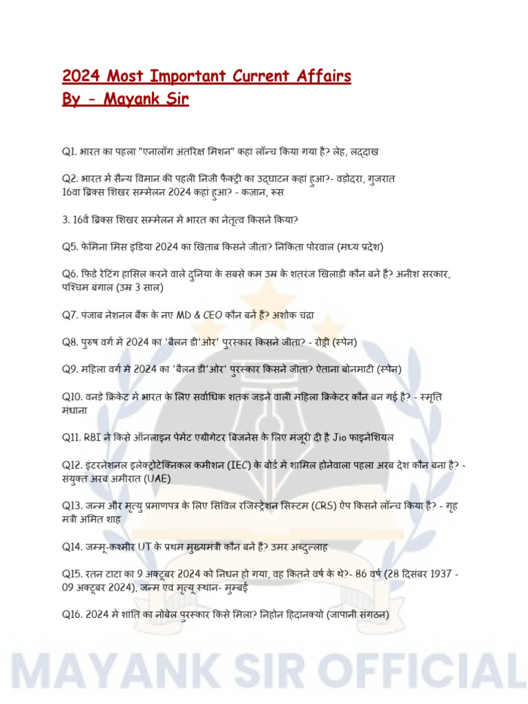 2024 Most Important Current Affairs by - Mayank Sir | PDF
