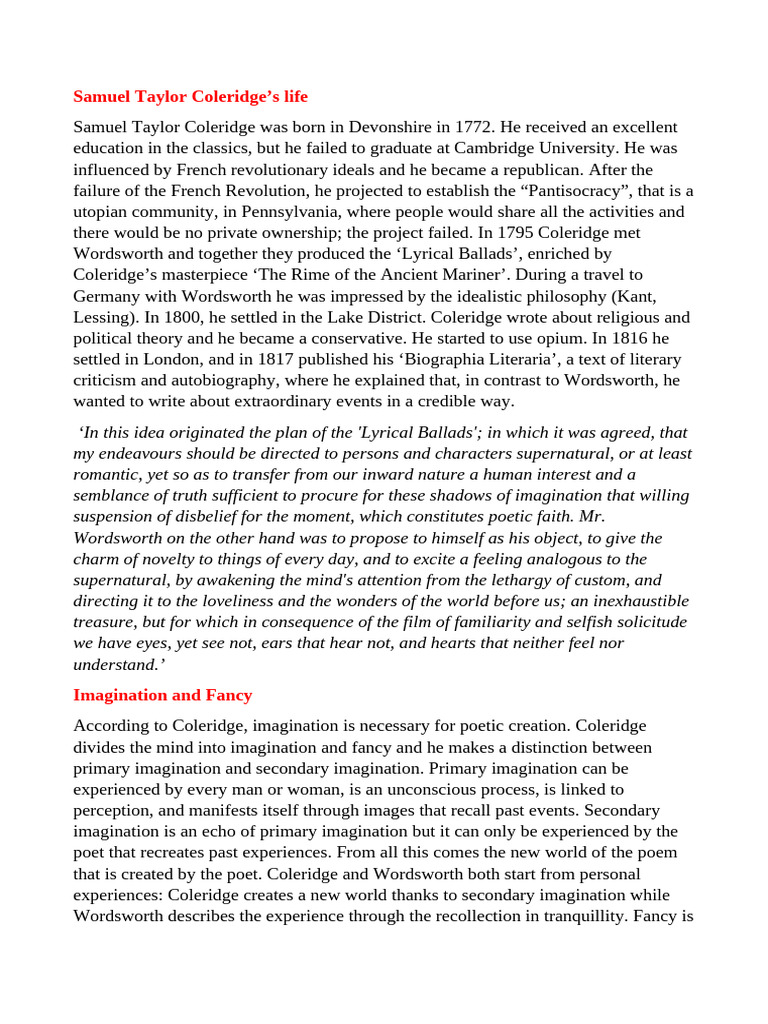 coleridge | PDF | Samuel Taylor Coleridge | Imagination