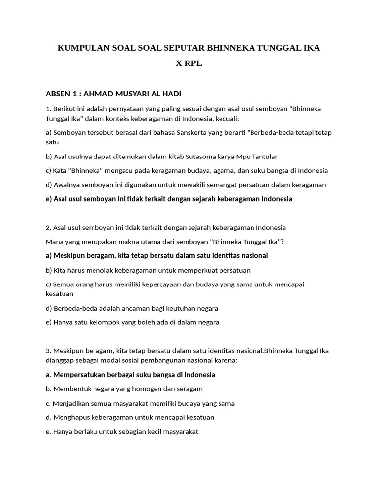 KUMPULAN SOAL SOAL SEPUTAR BHINNEKA TUNGGAL IKA | PDF