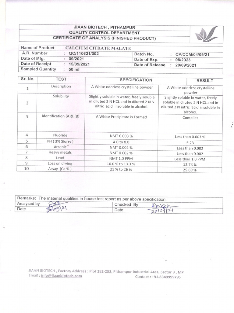 Calcium Citrate Malate COA | PDF