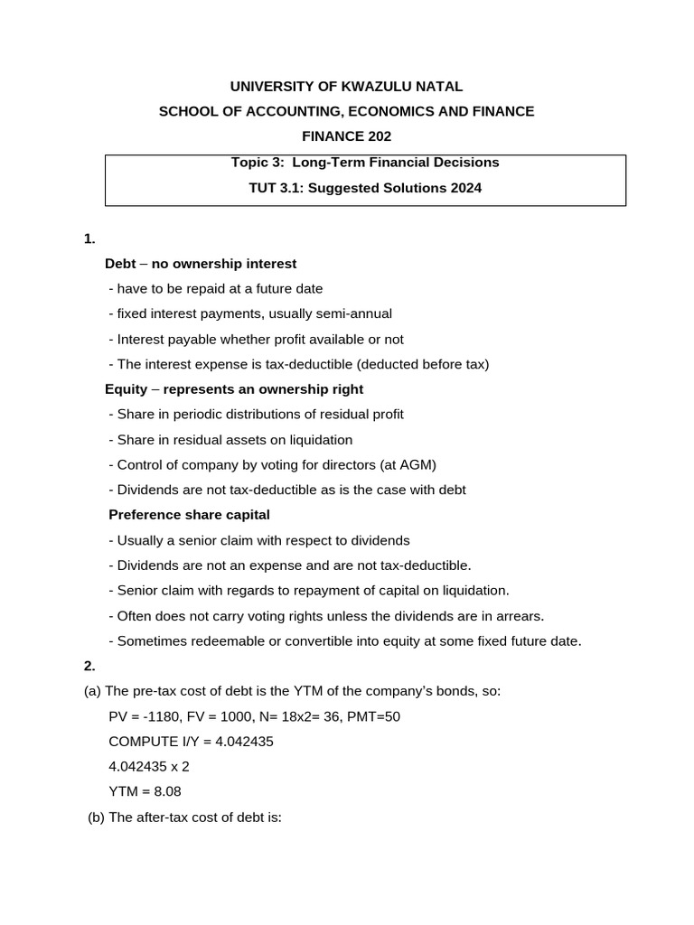 FINA202 -TUT 3.1 Suggested Solutions | PDF | Dividend | Tax Deduction